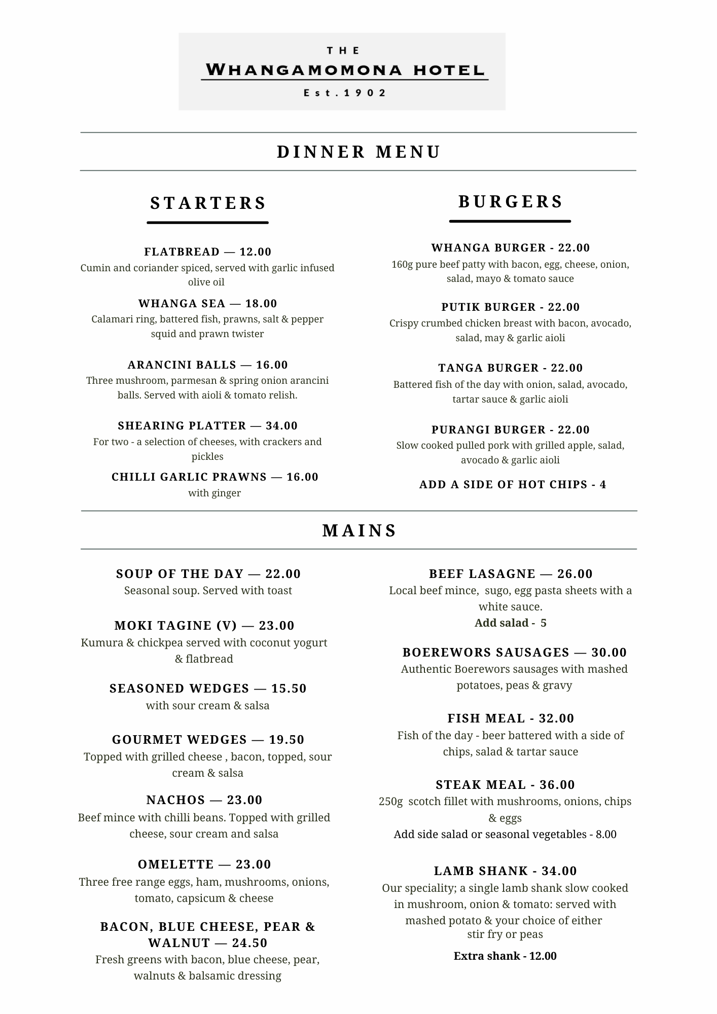Menu - Whangamomona Hotel